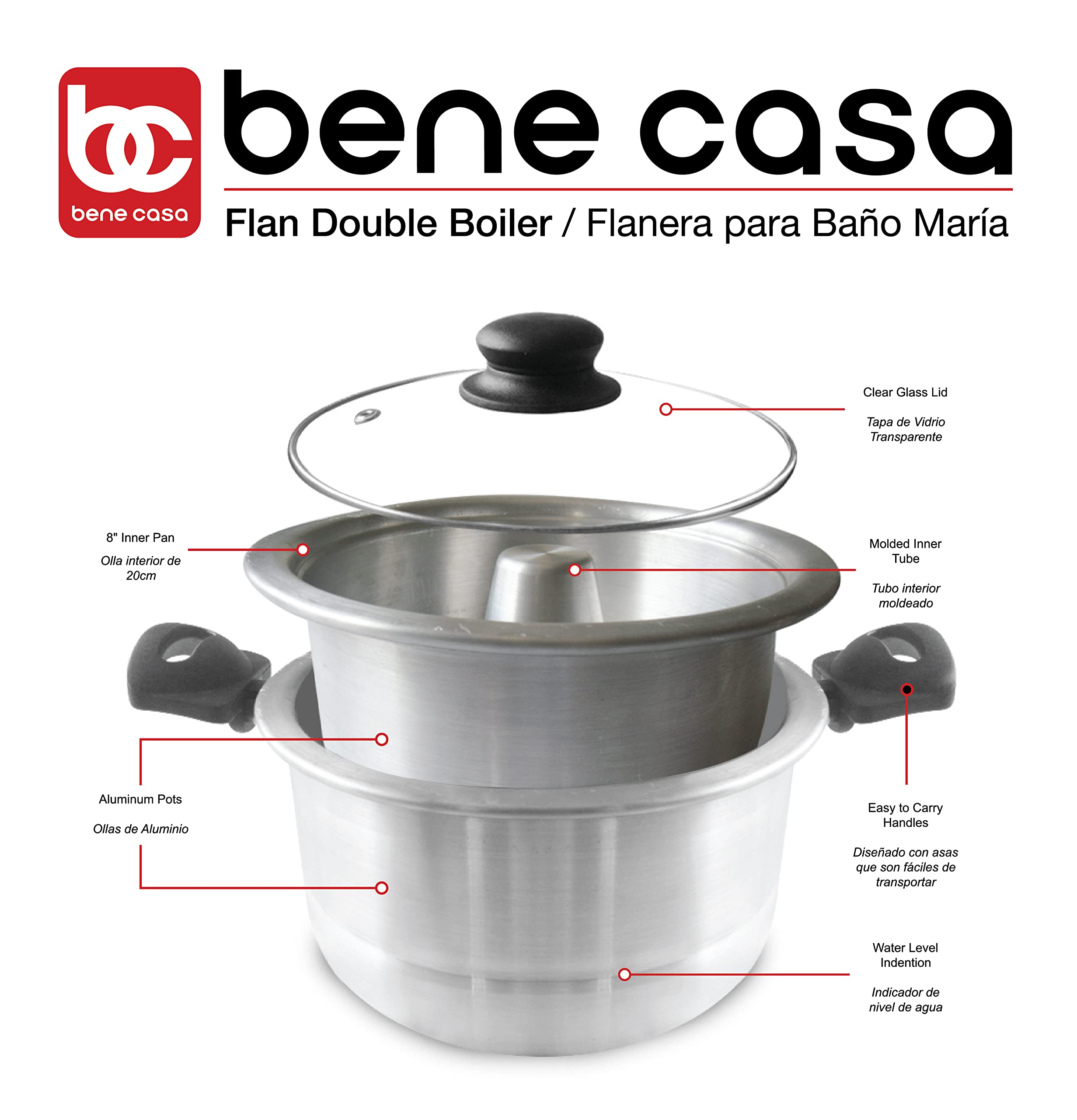 Bene Casa - Aluminum Flan Mold Double Boiler with Glass Lid (1.6 Liter) - Includes Aluminum Inner Pan (8") - Dishwasher Safe
