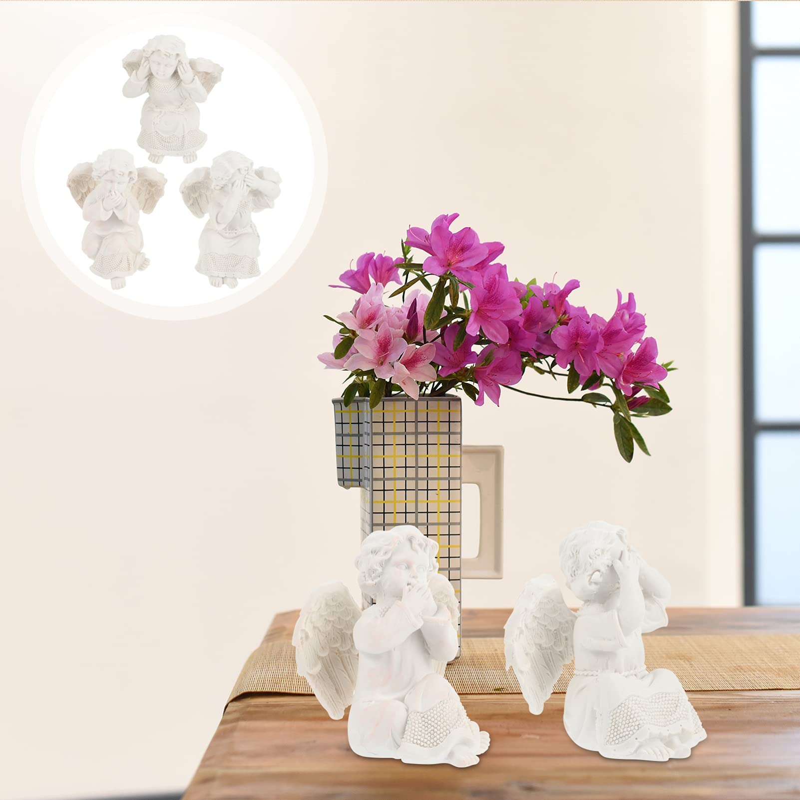NUOBESTY 3pcs Resin White Praying Angel Statue Figurine Sculpture Cherub Wings Angel Figure Garden Guardian Memorial Statue for Home Table Decoration