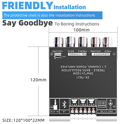 DAMGOO 50W+50W+100W 2.1 Channel Subwoofer Amplifier Board with Treble and Bass Control, Dual TPA3116 Chip, DC 12-24V, Bluetooth and AUX Inputs, DIY Wireless Speakers AMP Board, Password Free