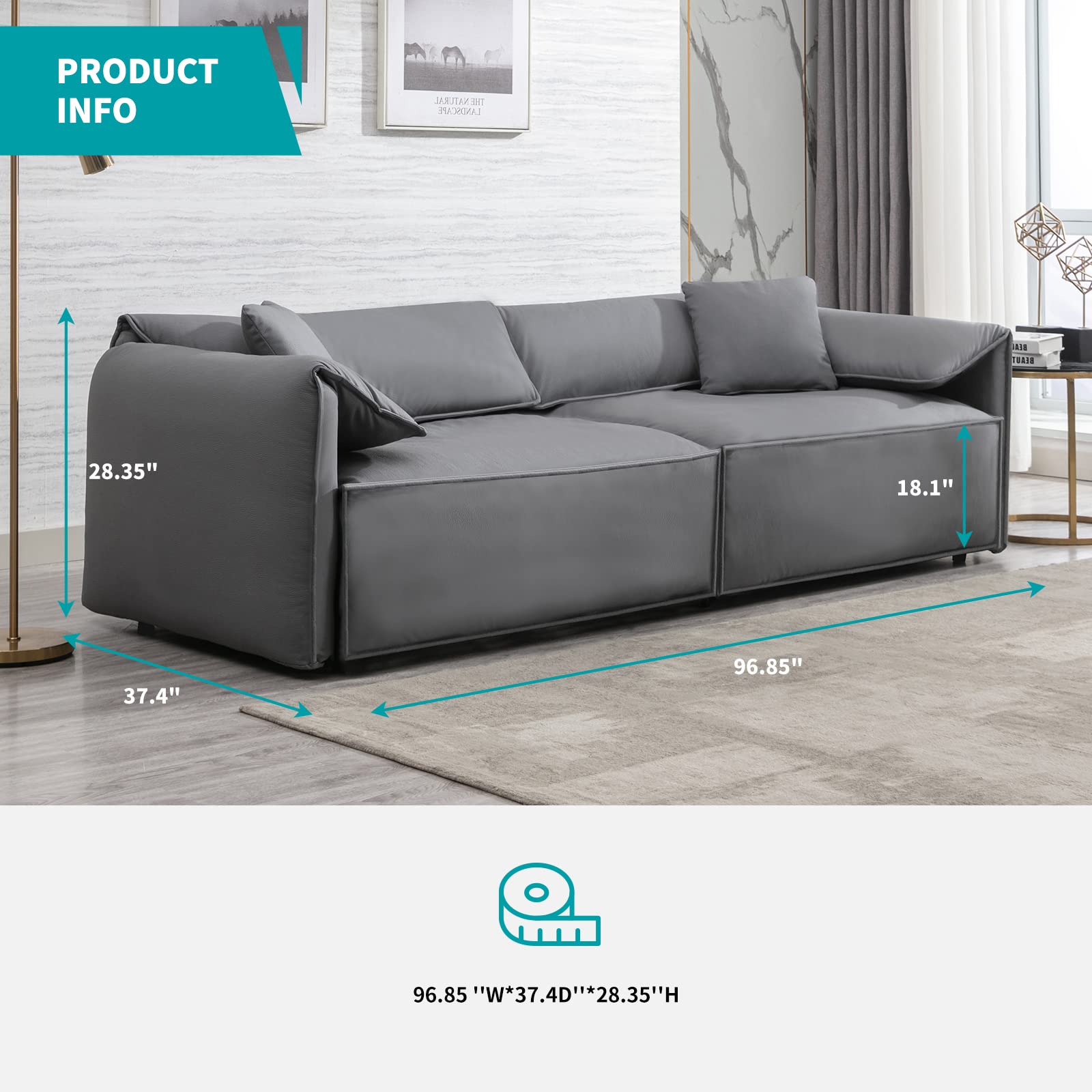 BALUS 97" Oversized Sofa Couch, Faux Leather Modern Couch for Living Room - Dark Grey