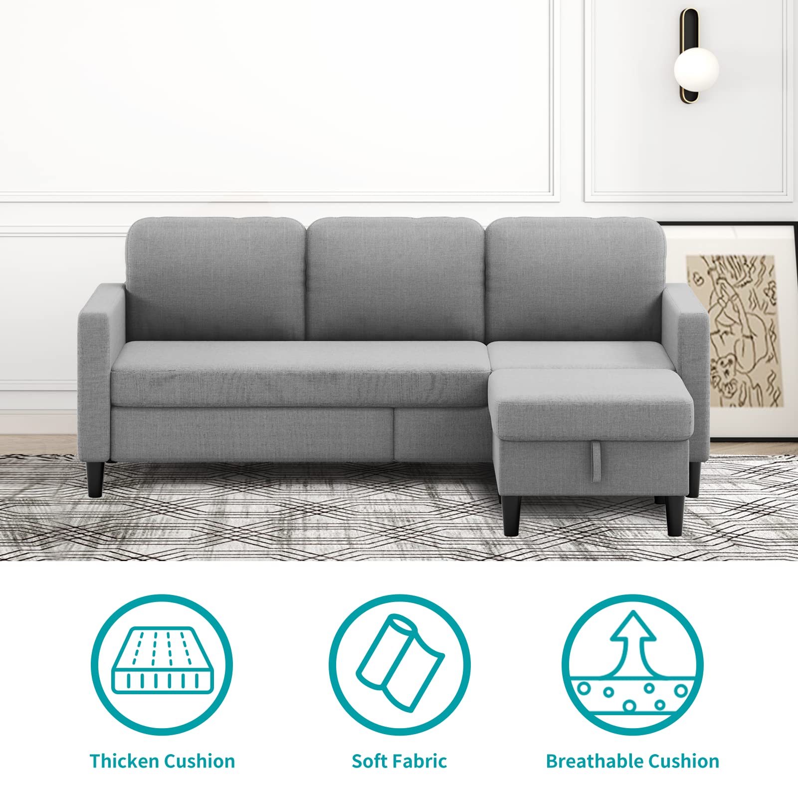BALUS Convertible Sectional Sofa Couch, 3-Seat L-Shaped, Free-Form with Movable Storage Ottoman, Modern Design for Living Room and Office Spaces, Comfortable and Versatile(Light Gray)