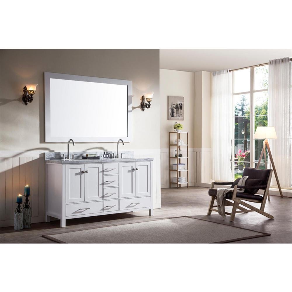 ARIEL Cambridge A061D-VO-WHT 61" Inch Double Oval Sink Solid Wood White Bathroom Vanity with 1.5" Inch Edge Carrara Marble Countertop