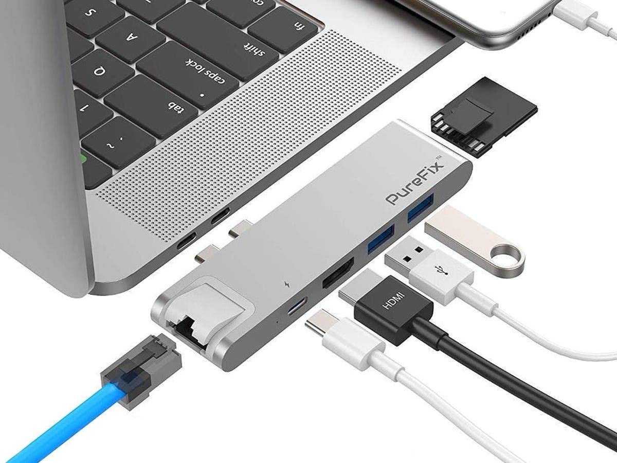 Purefix USB C Hub, 7-in-1 Dual Type-C Adapter - Silver for MacBook Pro 13 15 Gigabit Ethernet, Power Delivery, Thunderbolt 3, 4K HDMI, MicroSD/SD Card Reader