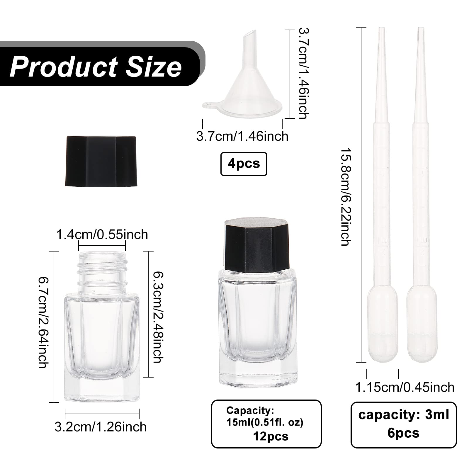 BENECREAT 12Pcs 15ml Heavy Duty Glass Inkwell Jars with Black ABS Plastic Caps, 6Pcs Plastic Droppers, 4Pcs Plastic Funnels for Ink Liquid