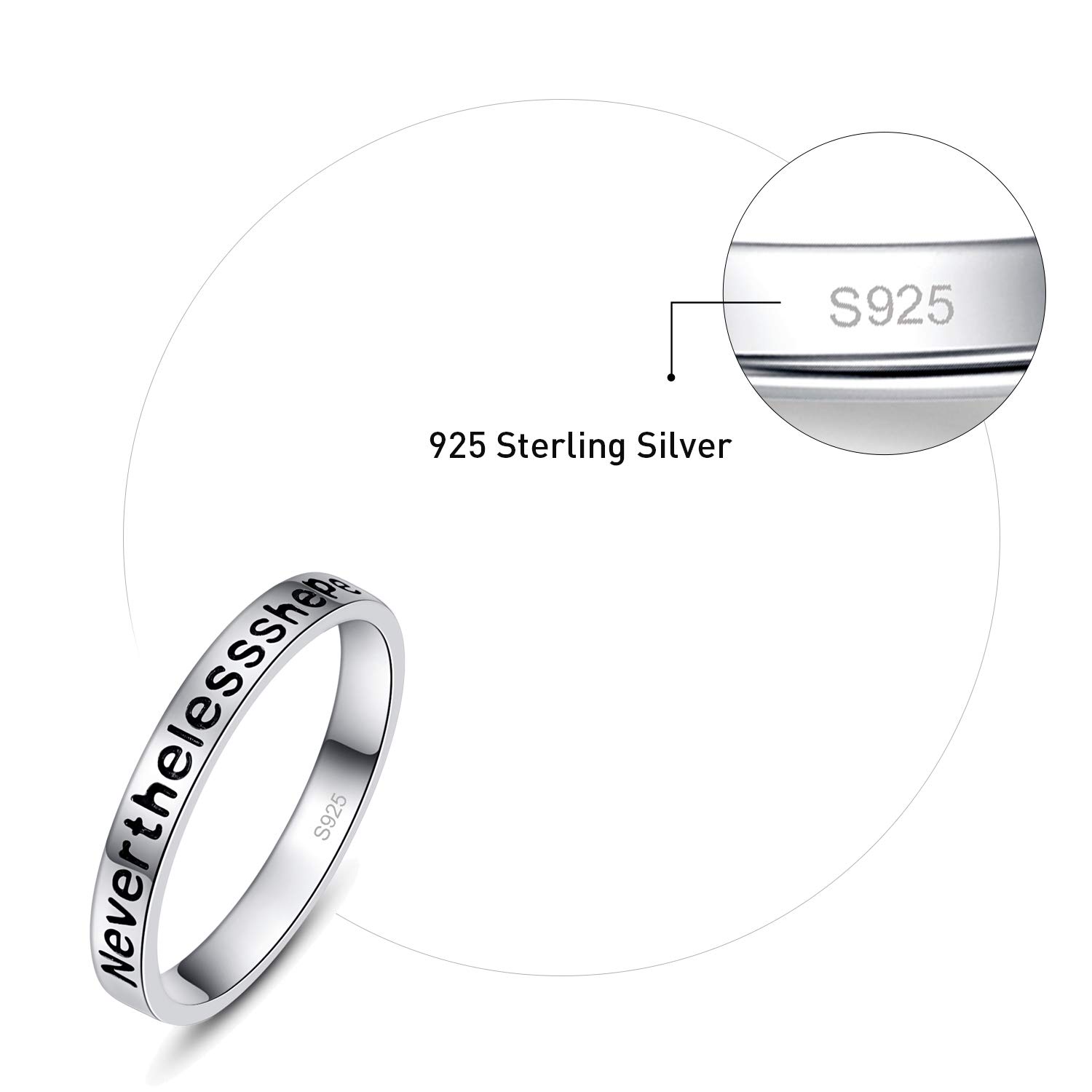 AVECON 925 Sterling Silver Stacking Rings Inspirational Ring for Women Engraved Nevertheless, She Persisted Graduation Gift Ring Size 10