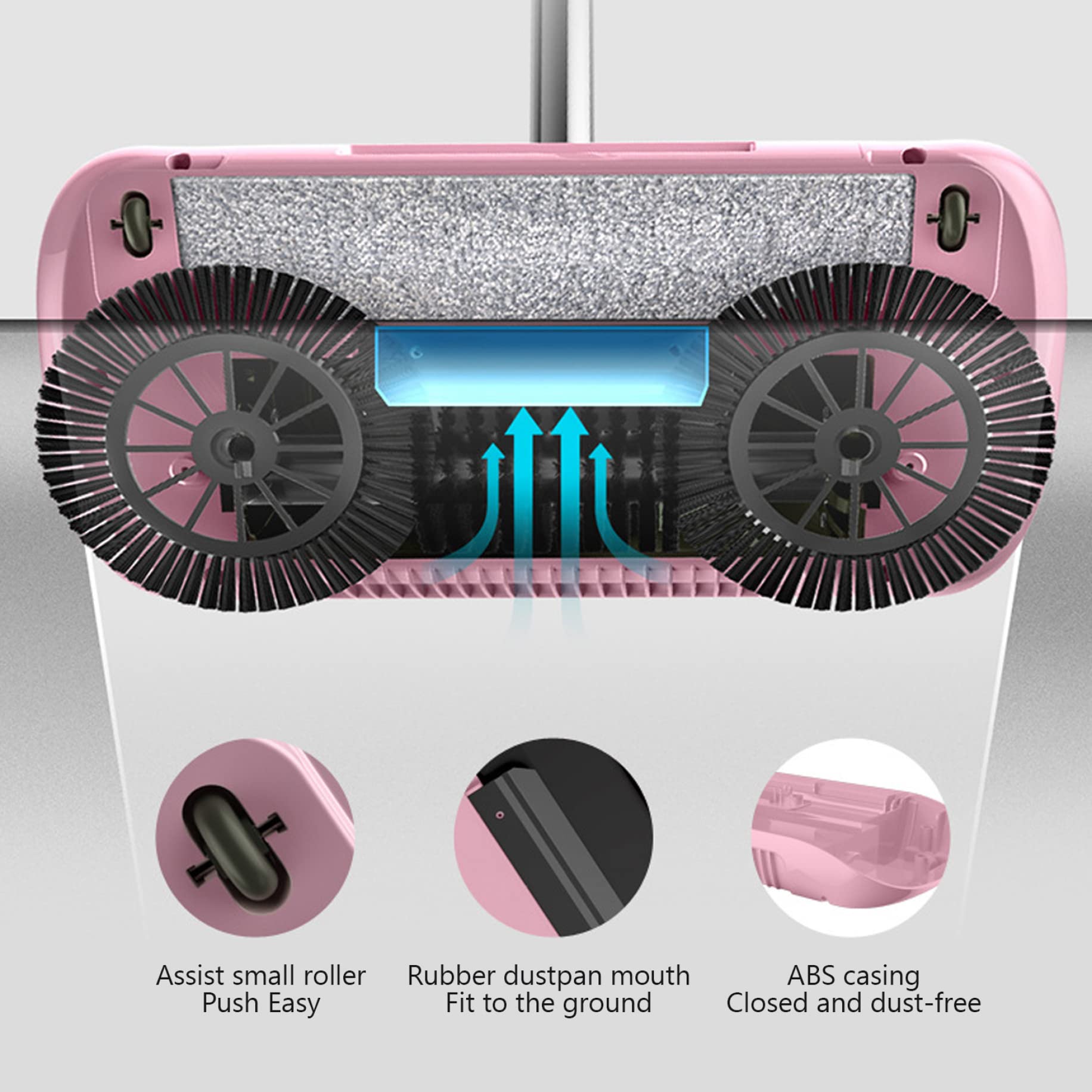 Hand Push Floor Sweepers, 3 in 1 Manual Vacuum Cleaner Mop, Floor Crumb Sweeper, Home Cleaning Sweeping Mop for Wooden Ttile Floor Rugs (Pink)
