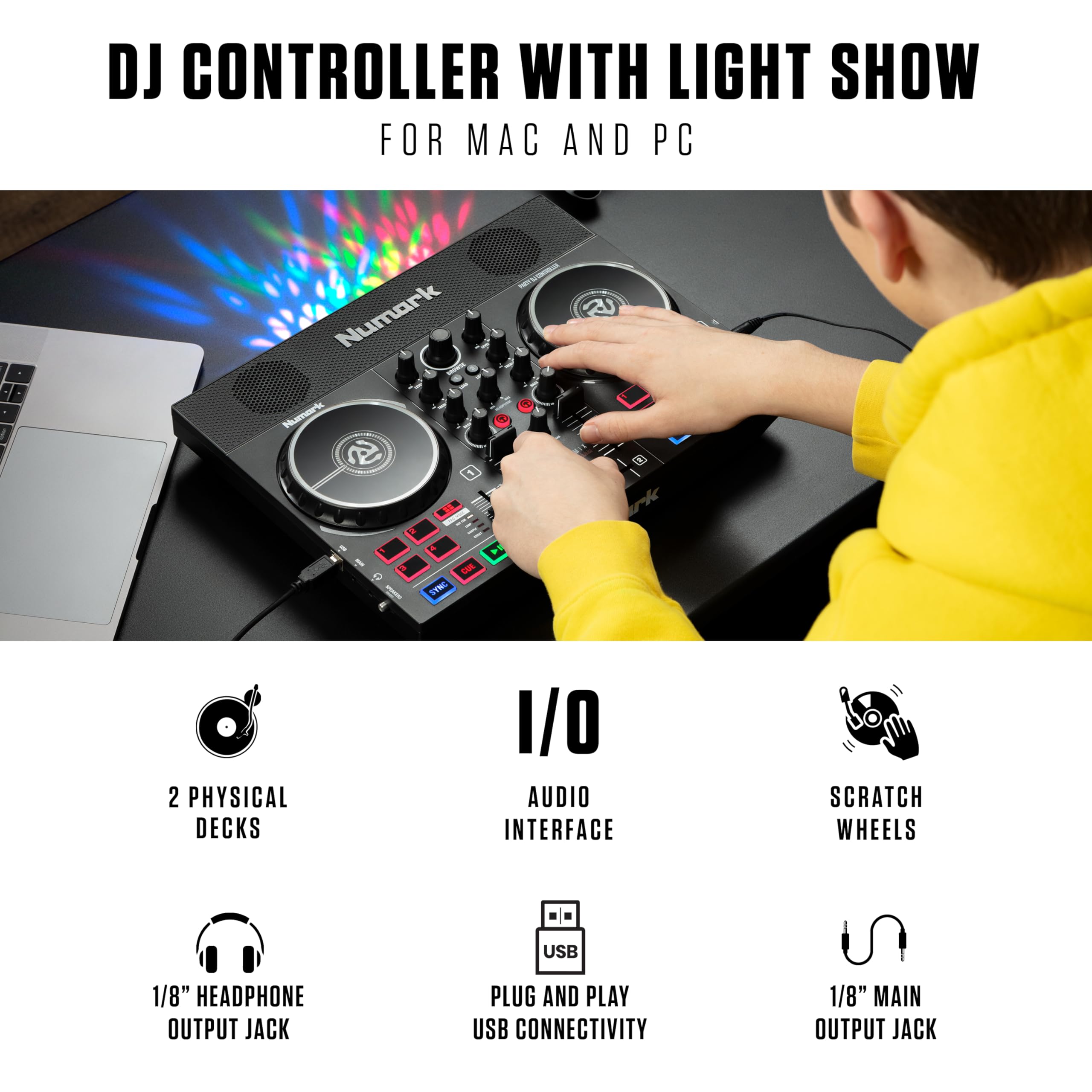 Numark Party Mix Live + HF125 - DJ Controller/Adults & Kids DJ Set with DJ Lights, DJ Speakers, DJ Mixer and Portable DJ Headphones