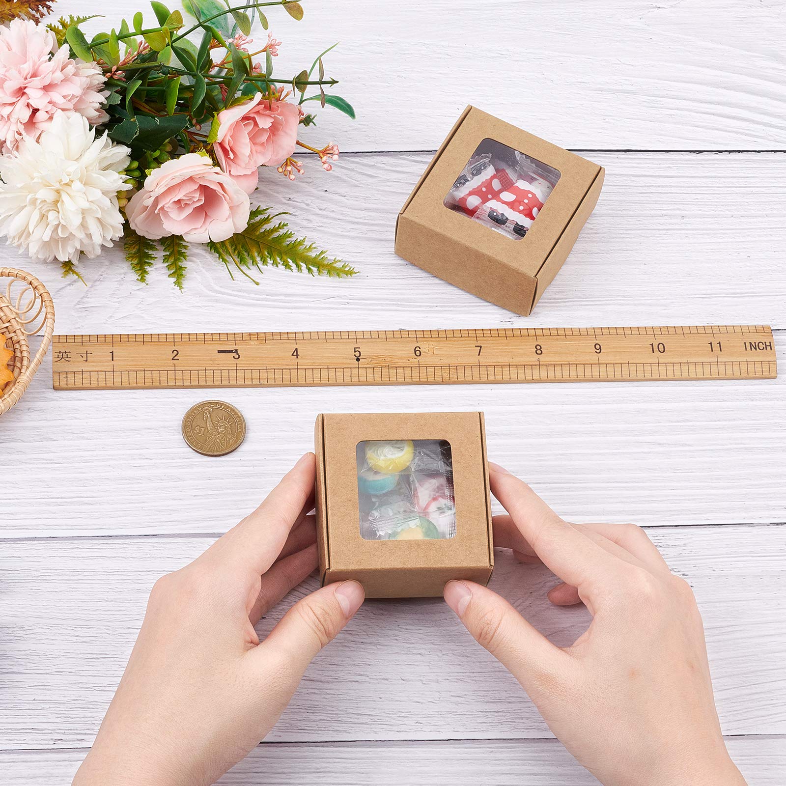 BENECREAT 30 Packs 2.5x2.5x1.2 Square Brown Kraft Paper Boxes Gift Candy Boxes with Clear Window for Wedding Party Favor Treats, Bakery and Jewelry, Festival Gift Packaging
