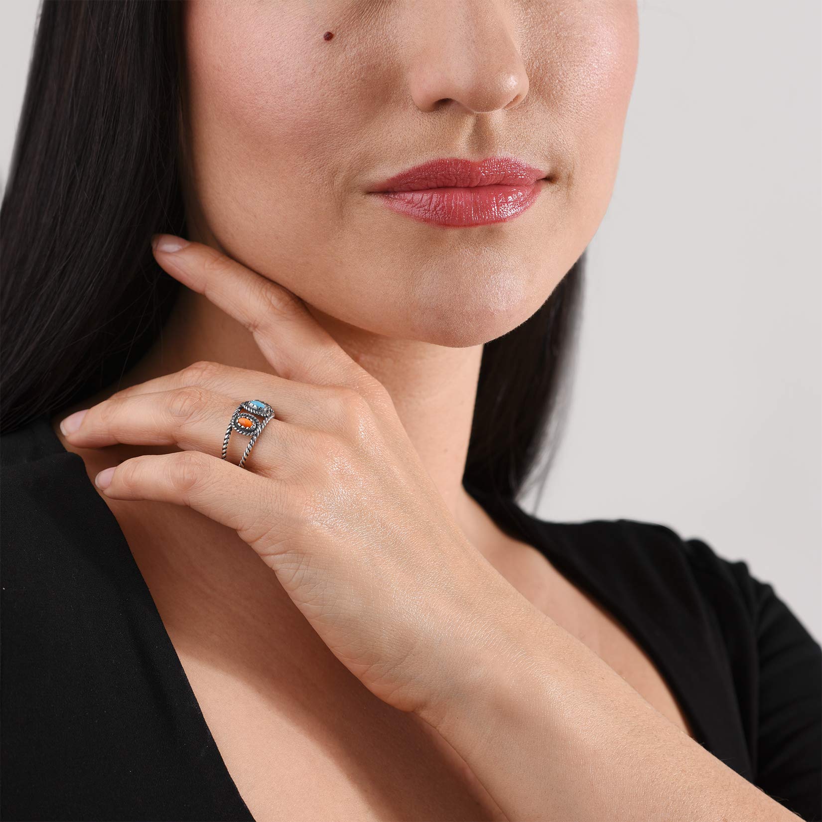 American West Sterling Silver Orange Spiny Oyster, Turquoise and Green Variscite Gemstone 3-Stone Band Ring Size 5