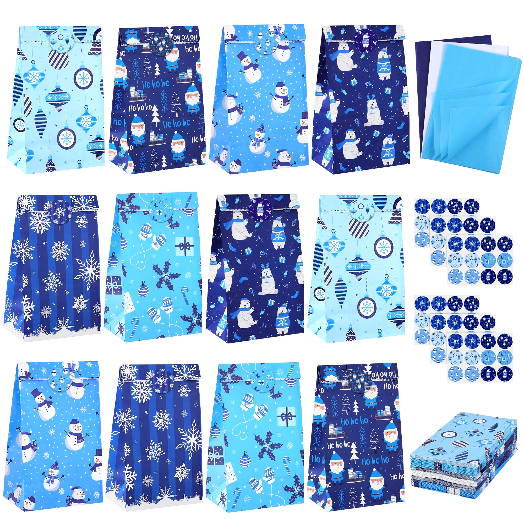 MIMIND 72 Pieces Christmas Winter Candy Paper Bags 6 Design Paper Gift Treat Bags with 72 Tissue Paper and 72 Stickers Paper Candy Gift Bags for Christmas Party Favor, 5.1 x 3.1 x 9.4 Inches