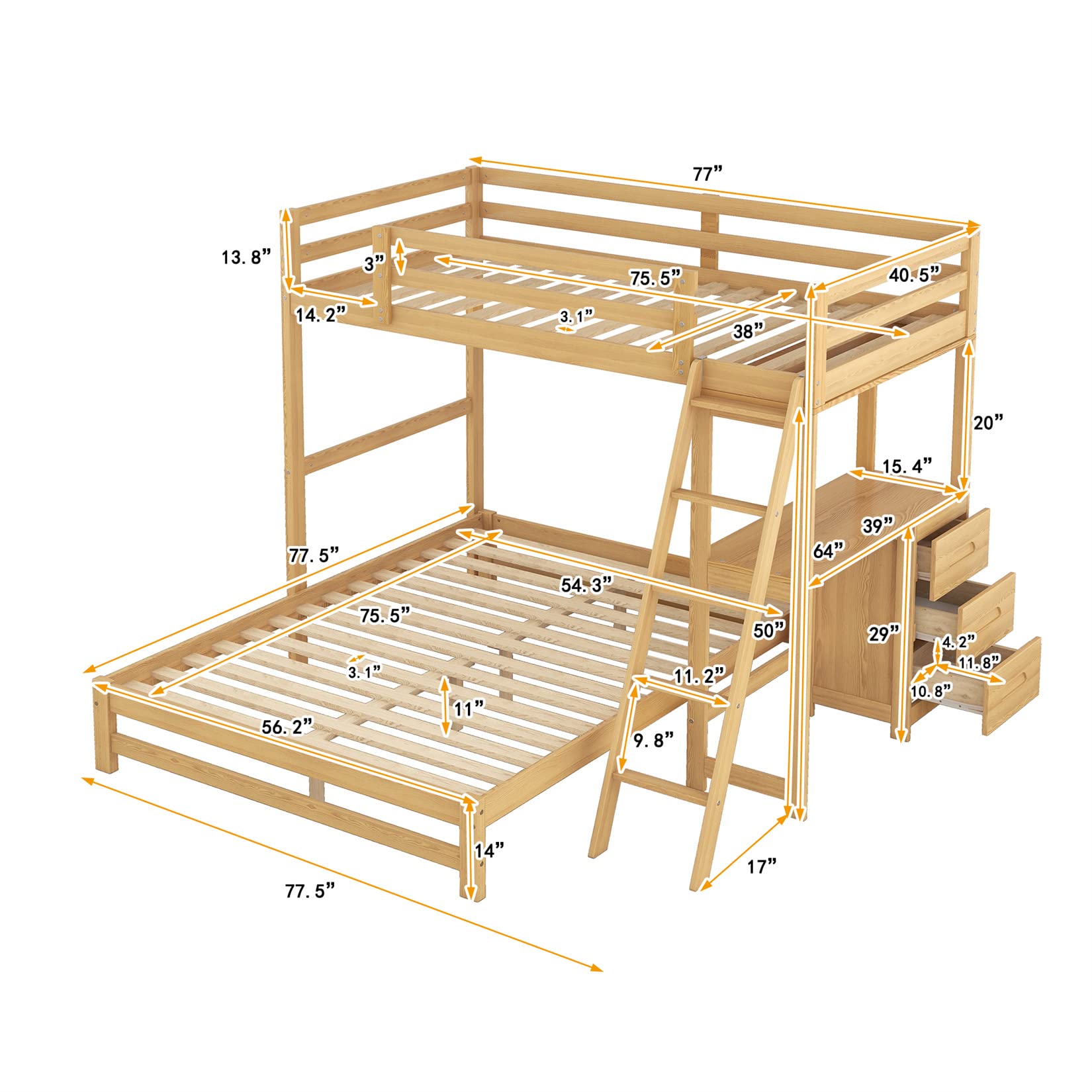Bellemave Twin Over Full Bunk Bed with Desk and Storage Drawers Wood Convertible Loft Beds Can Be Separated into 2 Kids Bunked Frame for Girls Boys Teens, Natural