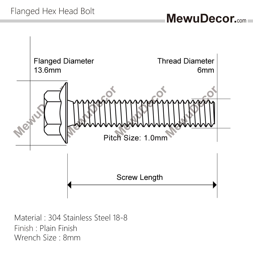 M6-1.0 x 20mm Flanged Hex Head Bolts Flange Hexagon Screws, Stainless Steel 18-8 (304), Plain Finish, 25 PCS