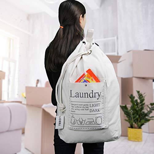 Teeo - College Laundry Bag - Dorm Room Essentials for College Students - Laundry Bag for Travel - Dirty Clothes Bag - Backpack Large 25βX20β Drawstring 100% Sturdy Cotton Canvas (1, Black/White)