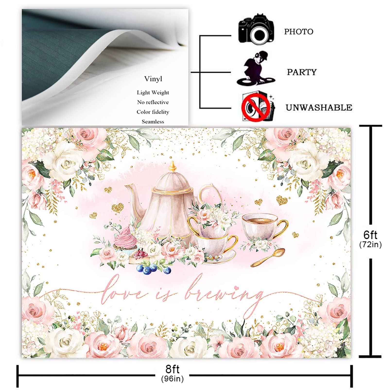 Avezano Love is Brewing Backdrop Wedding Bridal Shower Party Decorations Valentine's Tea Party Theme Photo Background Cake Table Banner (8x6ft)