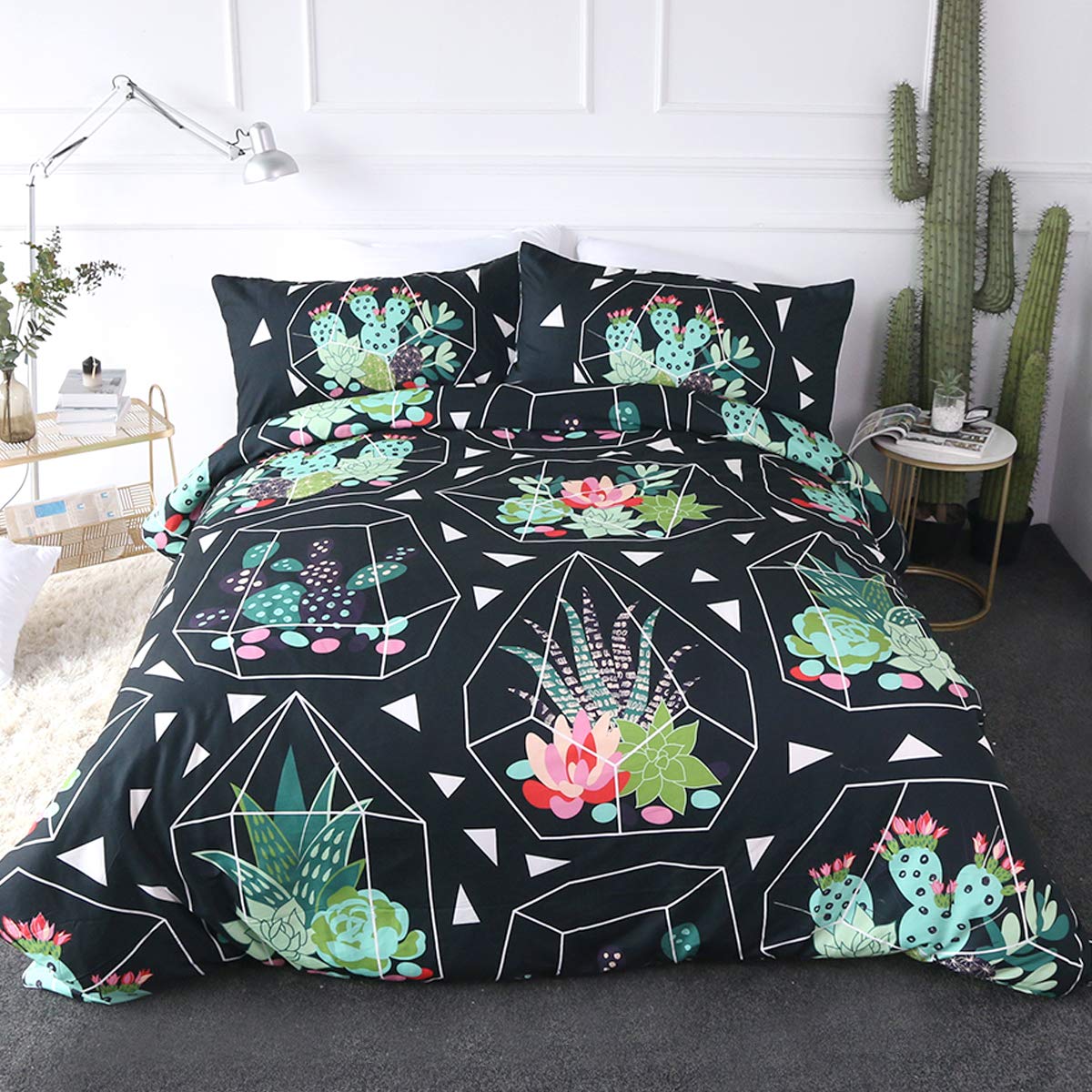 ARIGHTEX Cactus Duvet Cover Set Full Size Geometric Succulents Pattern Pattern Luxury Bedding Set Comforter Cover 1 Duvet Cover and 2 Pillowcases