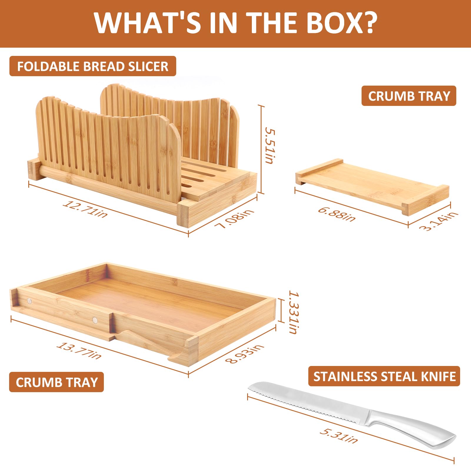 Bamboo Bread Slicer with Bread Knife - 3 Slice Thickness, Foldable Compact Cutting Guide with Crumb Tray, Stainless Steel Bread Knife for Homemade Bread, Cake, Bagels