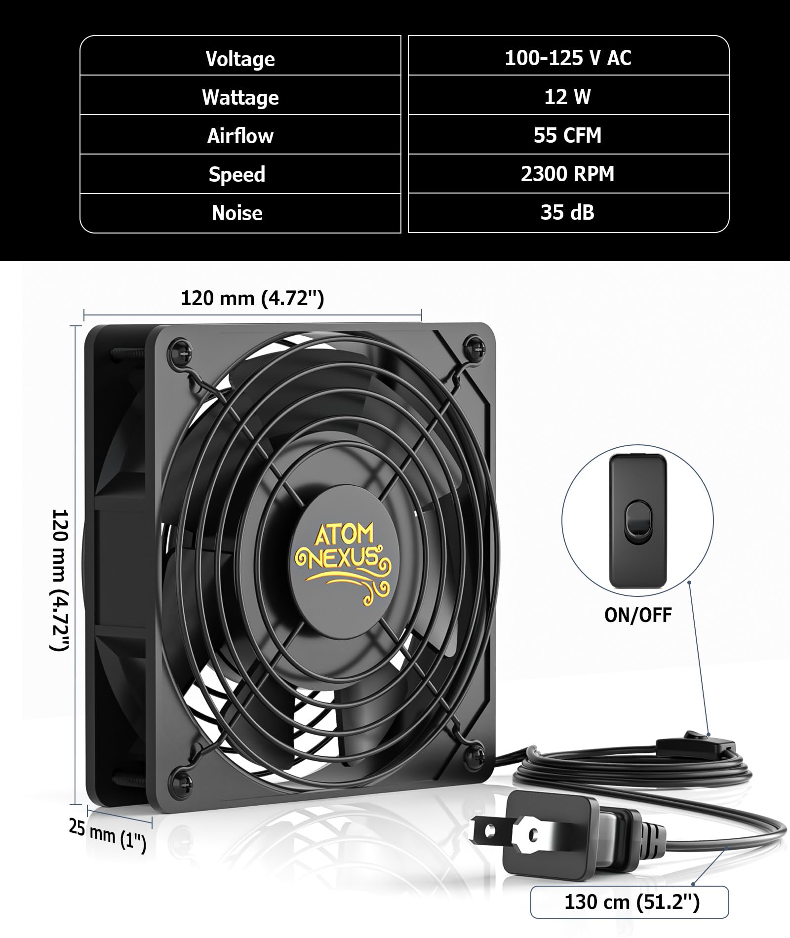 ATOM NEXUS AC Axial Fan AN1225, 120V Computer Fan with AC Plug, Quiet Muffin Fan, 120mm x 25mm Computer Cooling Fan for DIY Cooling Ventilation Exhaust Projects