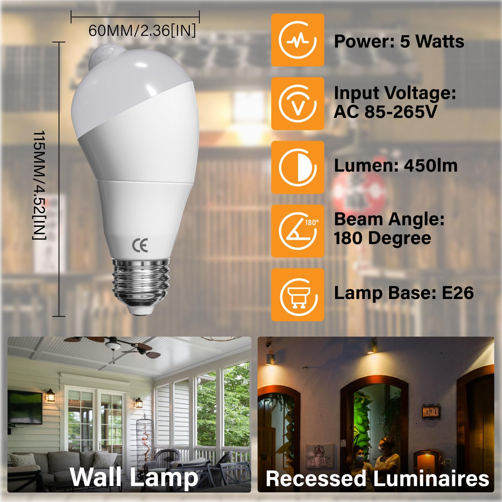 Aluxcia E26 Motion Sensor LED Light Bulb, 5W E26 PIR Motion Activated Lamp Dusk to Dawn Adjustable Sensing Angle LED Night Light for Porch Garage Basement Hallway and Closet Warm White 2800K, 2-Pack
