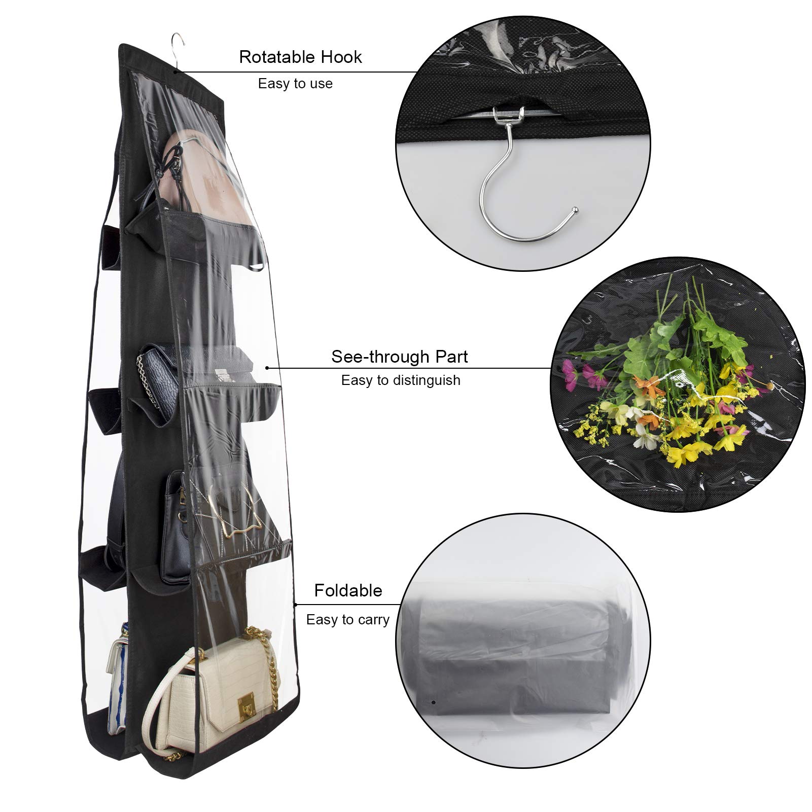 EsLuker.ly 2Pcs Hanging Purse Bag Organizers with 8 Large Easy Access Pockets, Premium Clear Handbag Storage Holder Space Saving Organizer System for Closet Wardrobe (Black)