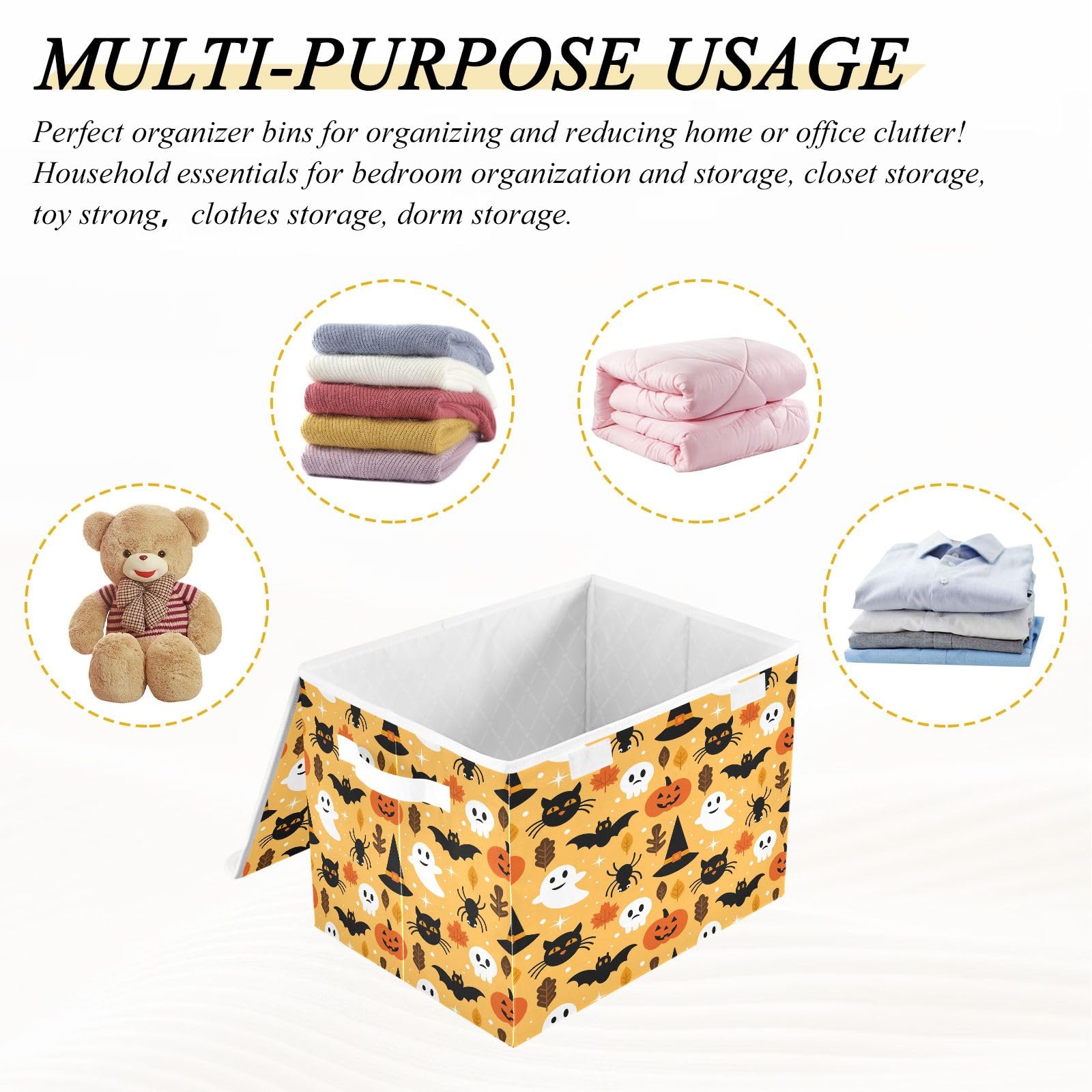 Storage Bins with Lids and Handles, Halloween Seamless Pattern Design with Ghost Skull Pumpkin and Cat Storage Box Storage Basket with Cover Collapsible Organizer Containers for Home