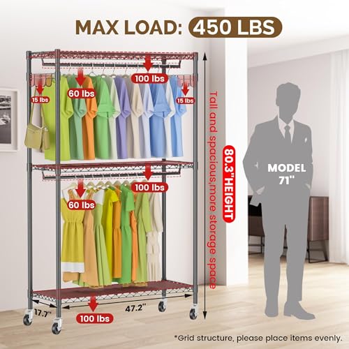 FSUON Heavy Duty Rolling Garment Rack, 1" Diameter Rods, 3 Tiers Adjustable Wire Shelving Clothes Rack with Double Rods and Side Hooks, Freestanding Wardrobe for Hanging Clothes, Black