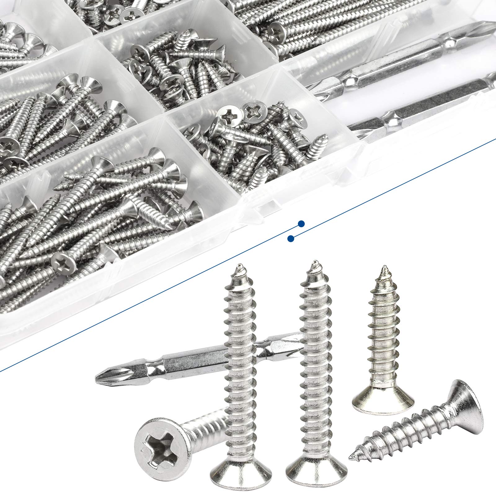 NINDEJIN Flat Head Self Tapping Screws Assortment Kit, 304 Stainless Steel Wood Screws, M3.5 Phillips Drive Self Tapping Screws, 240 pcs Self-Tapping Screws Set with 2 pcs Phillips Screw Bit (12-40mm)