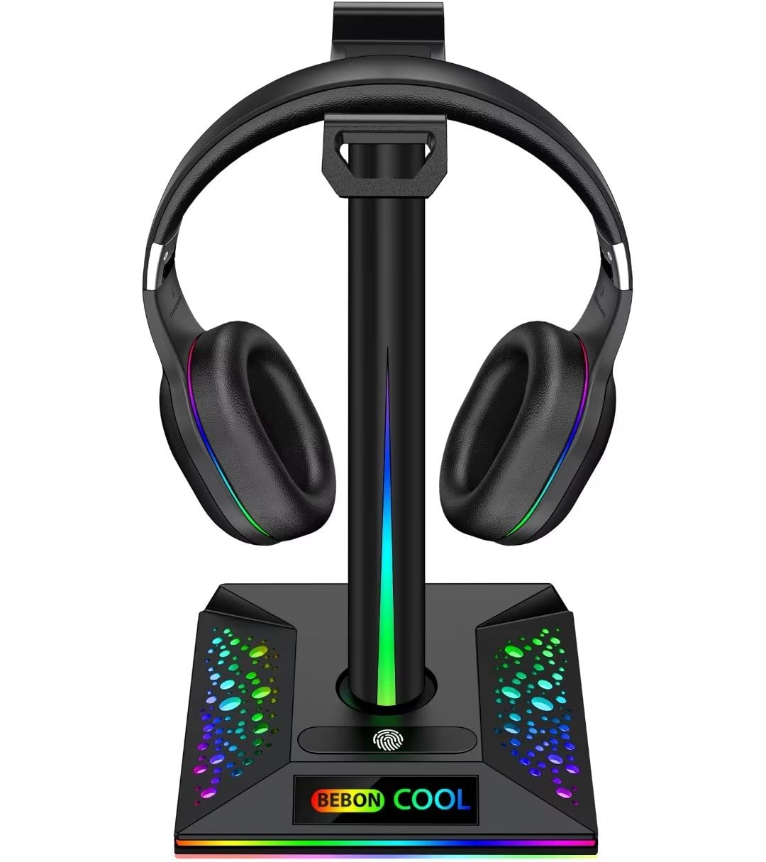 EUROA Headphone Stand Gaming Desk Headset Stand Holder with 10 RGB Lights, Head Set Desk Hook Gift Accessories for Gamer, Backpack Gaming Headpones Stand with 2 USB Charing Ports