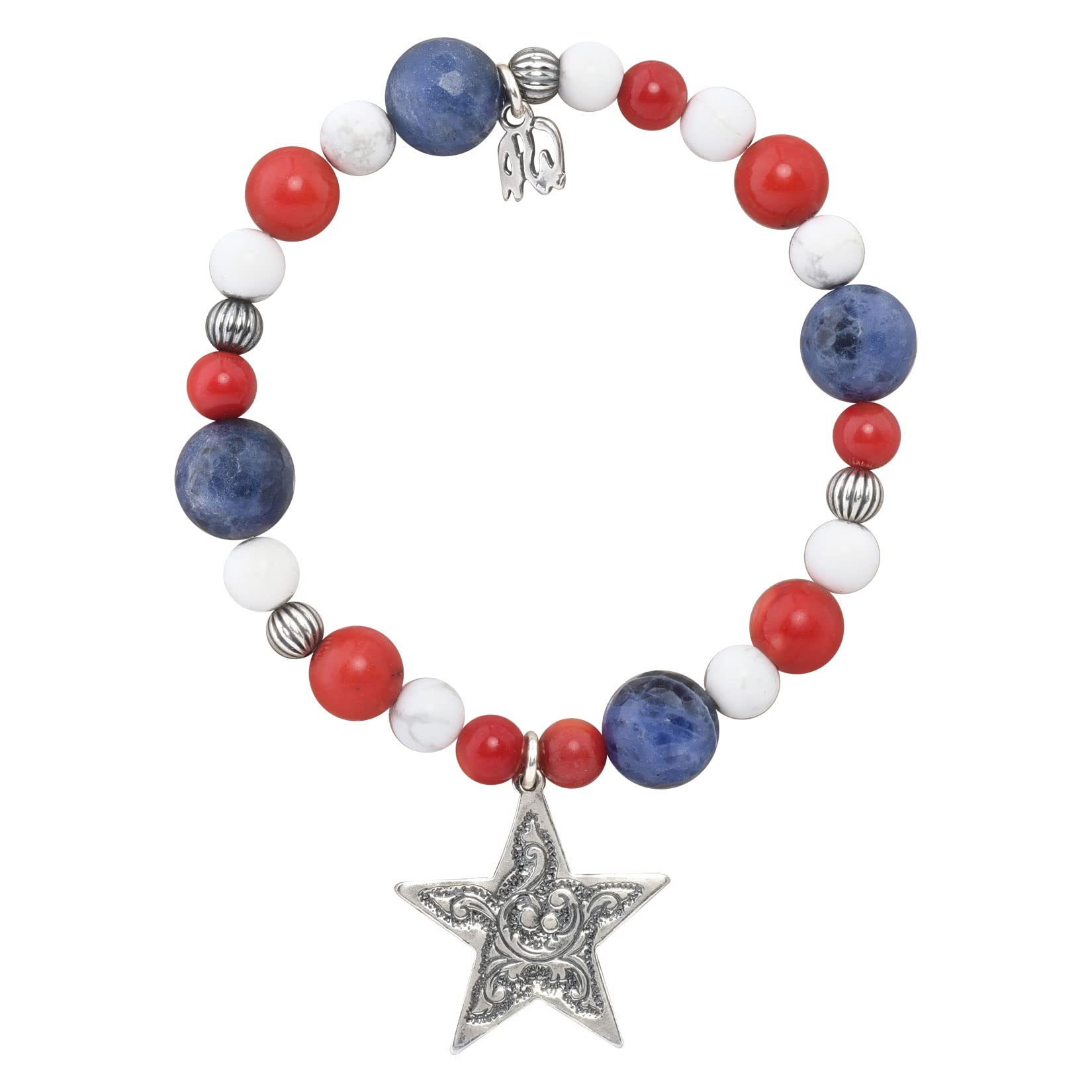 American West Sterling Silver Patriotic Beaded Stretch Bracelet with Star Charm Size Medium/Large