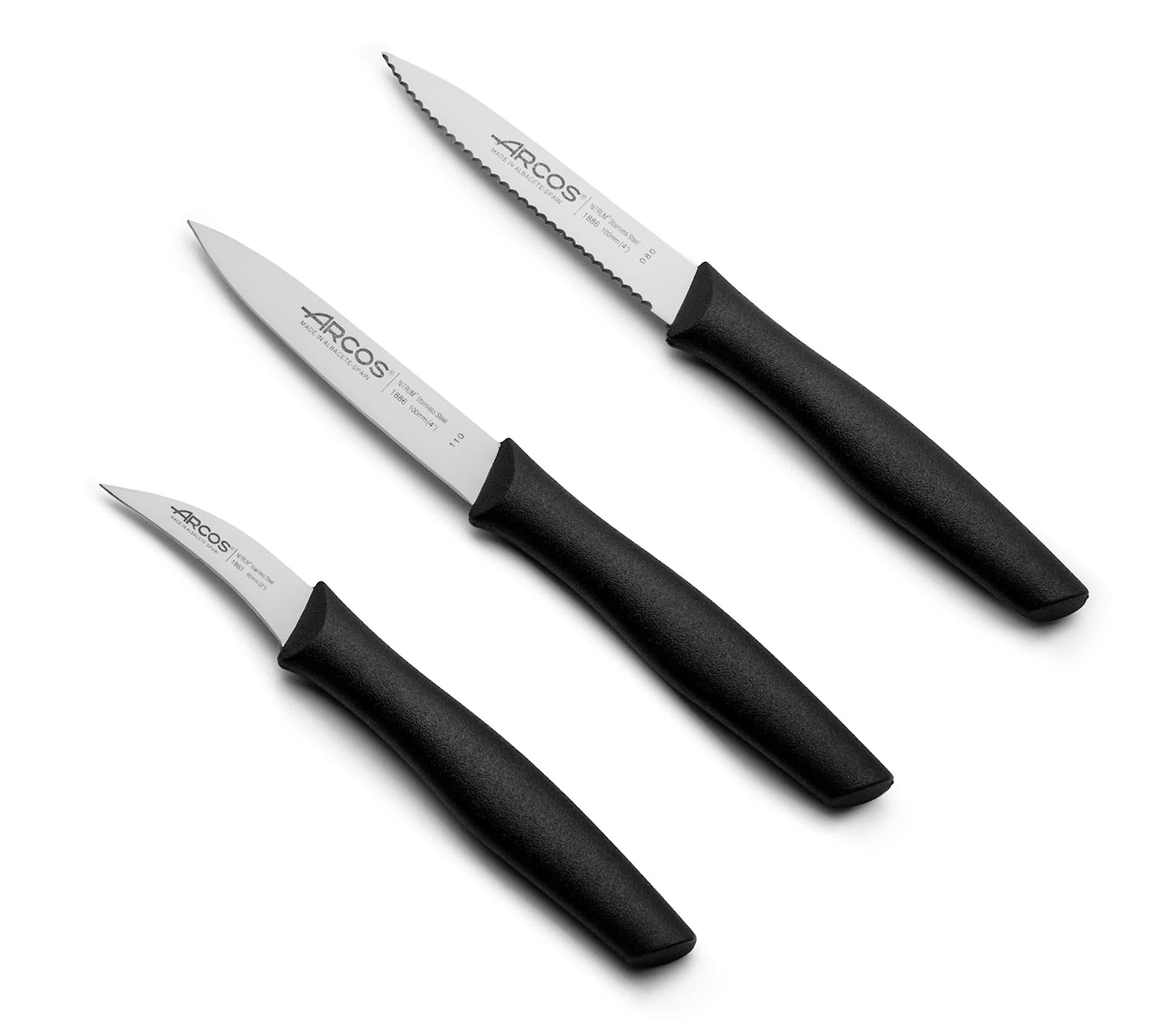 ARCOS 3 Pieces Paring Knife Set. 3 Peeling Knives of Stainless Steel and Ergonomic Polypropylene Handle for Cutting Fruits, Vegetables and Tubers. Series Nova. Color Black