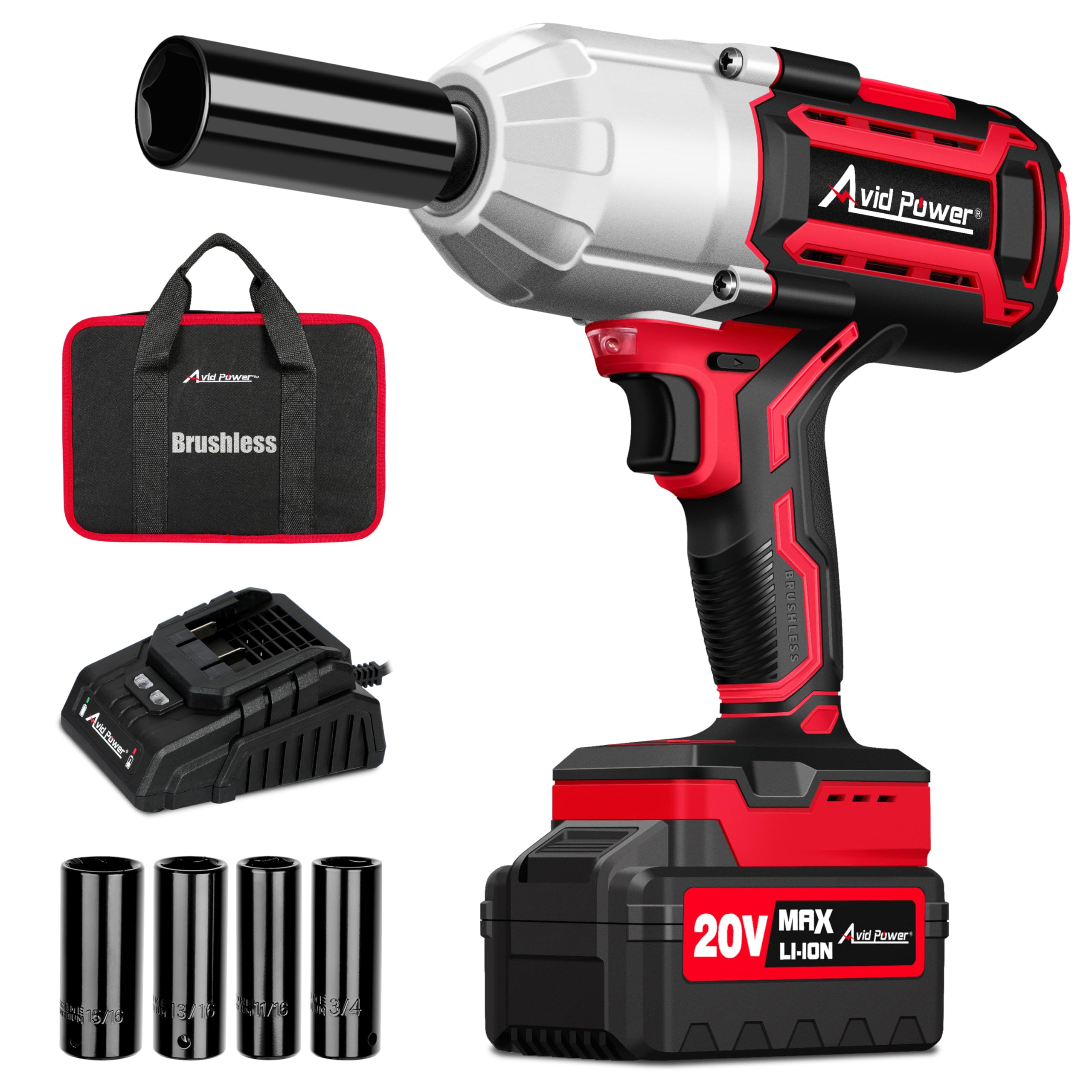AVID POWER Brushless High Torque 1/2" Impact Wrench w/Max Torque 738ft-lbs (1000N.m), 20V Cordless Impact Gun w/ 4.0A Li-ion Battery, 4 Pcs Impact Sockets, Fast Charger
