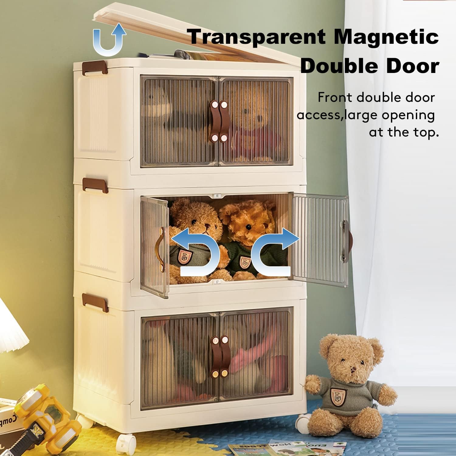 DAMGOLOZA 3-Pack Stackable and Foldable Storage Bins with Lids and Wheels, Collapsible Plastic Drawer Organizers for Closet, Home, Office, Dorm, 8.6 Gal Storage Boxes for Clothes and Crafts
