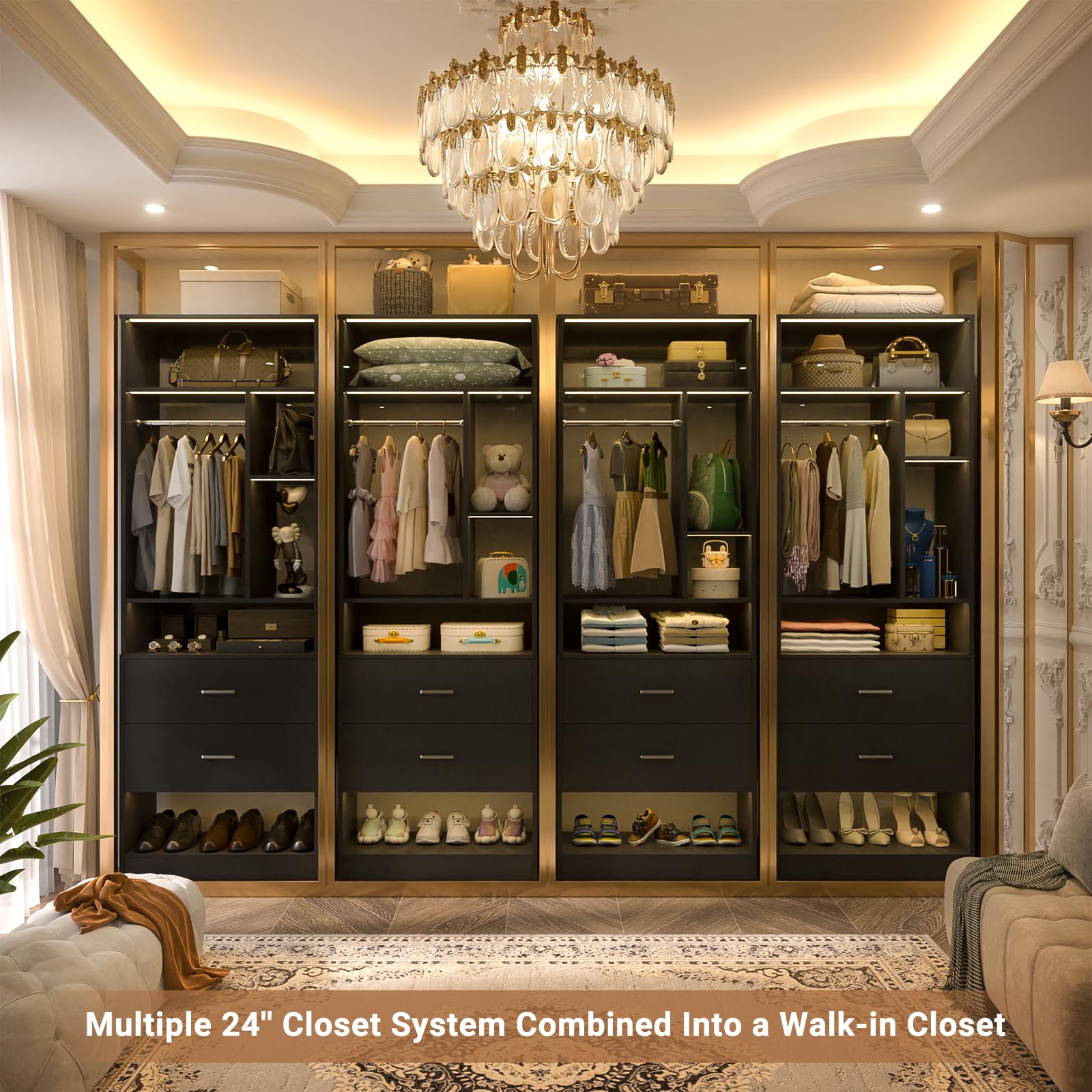Besiost Freestanding 2FT Closet System with 3 Wood Drawers, 24" Closet Organizer System with Hanging Rod & Shelves, Walk-in Closet Systems for Small Closets, White (24"L x 15" W x 80" H)