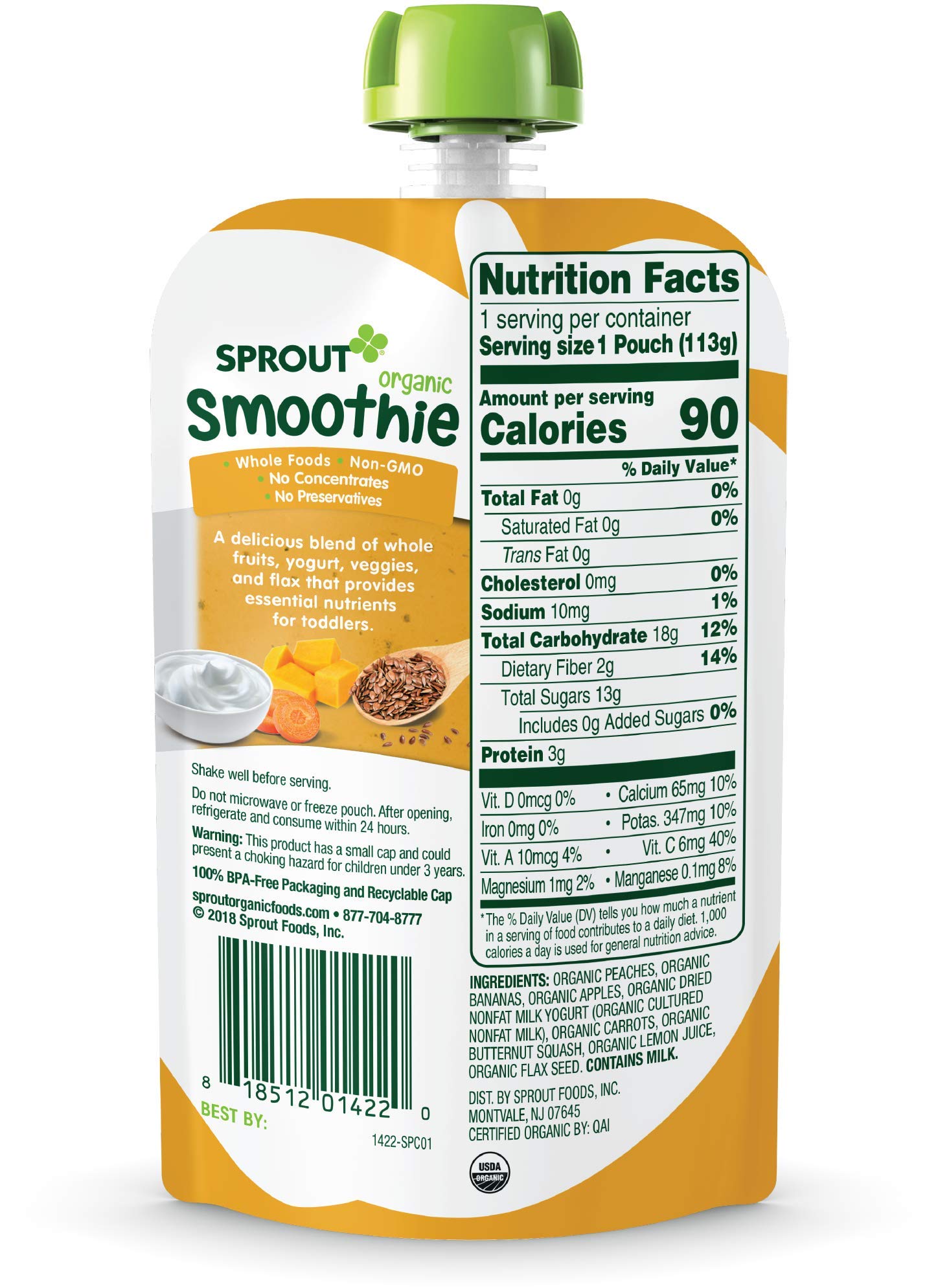 Sprout Organic Toddler Smoothie, Peach Banana w/ Yogurt, 4 Ounce Pouch (Pack of 6)