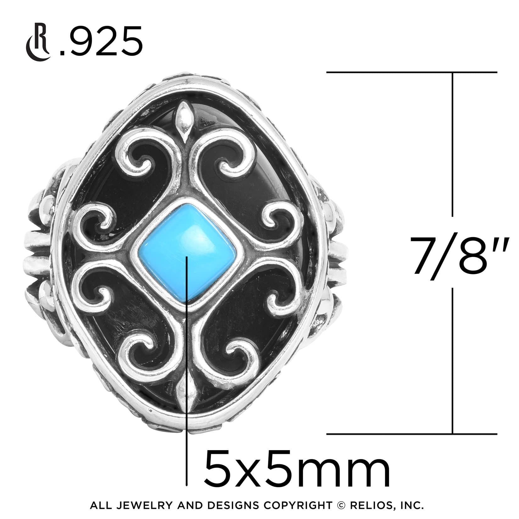 American West Sterling Silver Women's Ring Blue Turquoise & Black Agate Gemstone Elegant Swirls Design Size 6