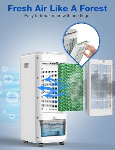 Evaporative Air Cooler, 3-IN-1 Windowless Portable Air Conditioner with Natural/Cooling/Humidifier & 3-Speed, 70° Oscillation & 7 Timer Remote Control, Swamp Cooler w/4 Ice Packs for Home & Kitchen