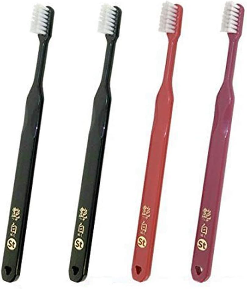 艶白 Soft Compact Toothbrush for Adults & Teenagers, Slim Head End Rounded BPA Free Bristles, Made in Japan, Pack of 4, Assorted