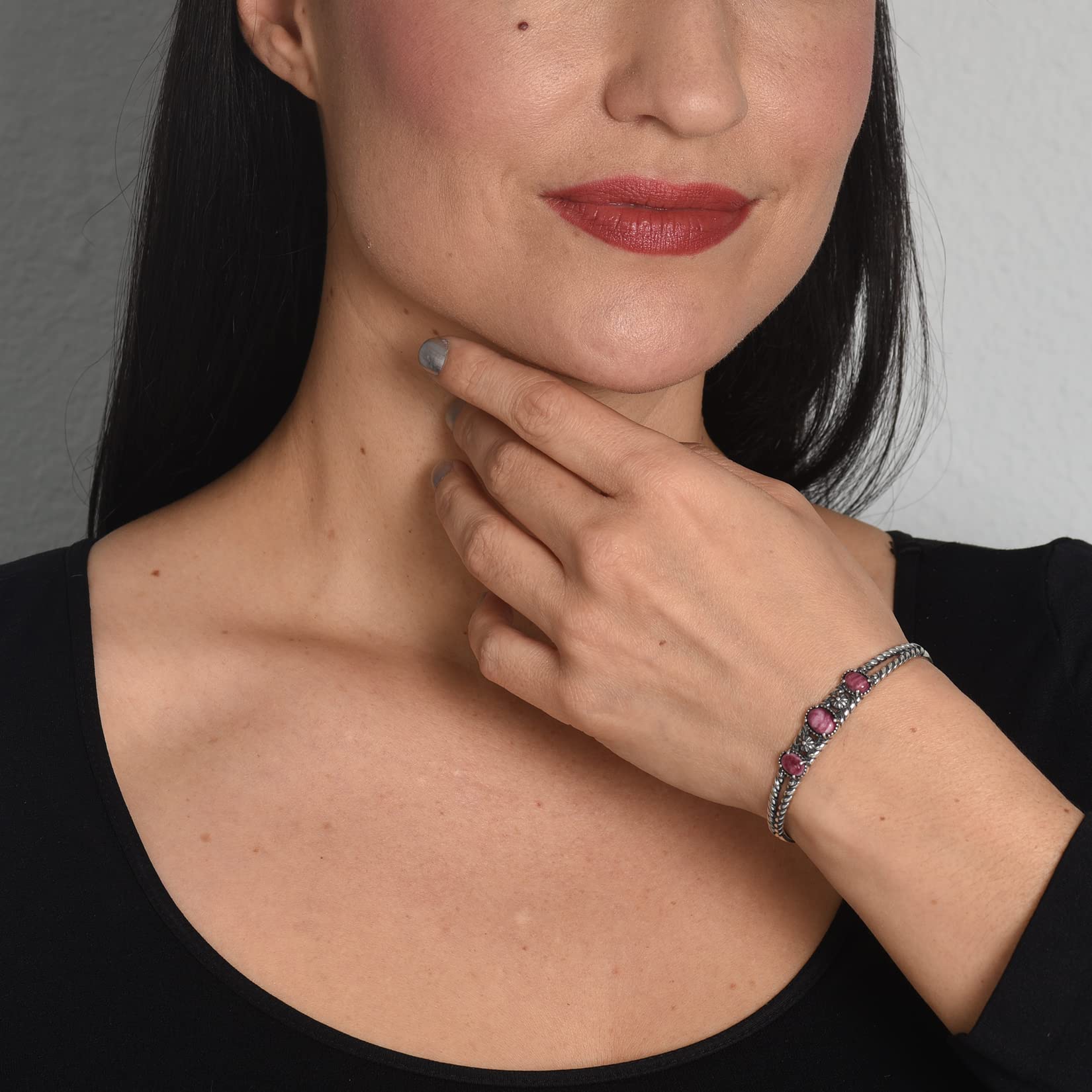 American West Sterling Silver Women's Cuff Bracelet & Girl's Cuff Bracelet Purple Spiny Gemstone 3-Stone Design Size S