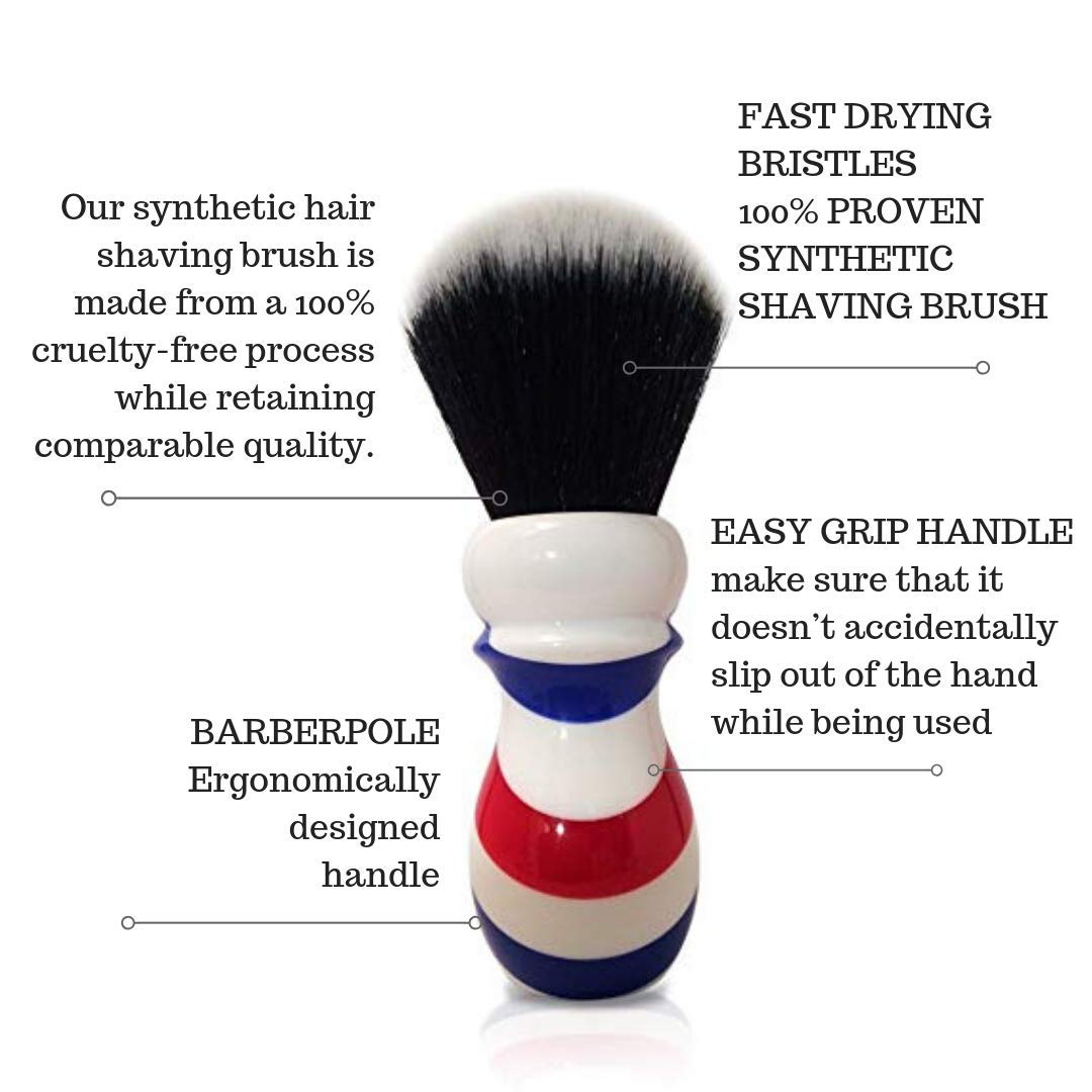 Haircut & Shave Co. Proven Synthetic Shaving Brush 24mm Extra Dense Knot And 54mm Loft - Fast Drying Pre-Shave Brush (Barber Pole)