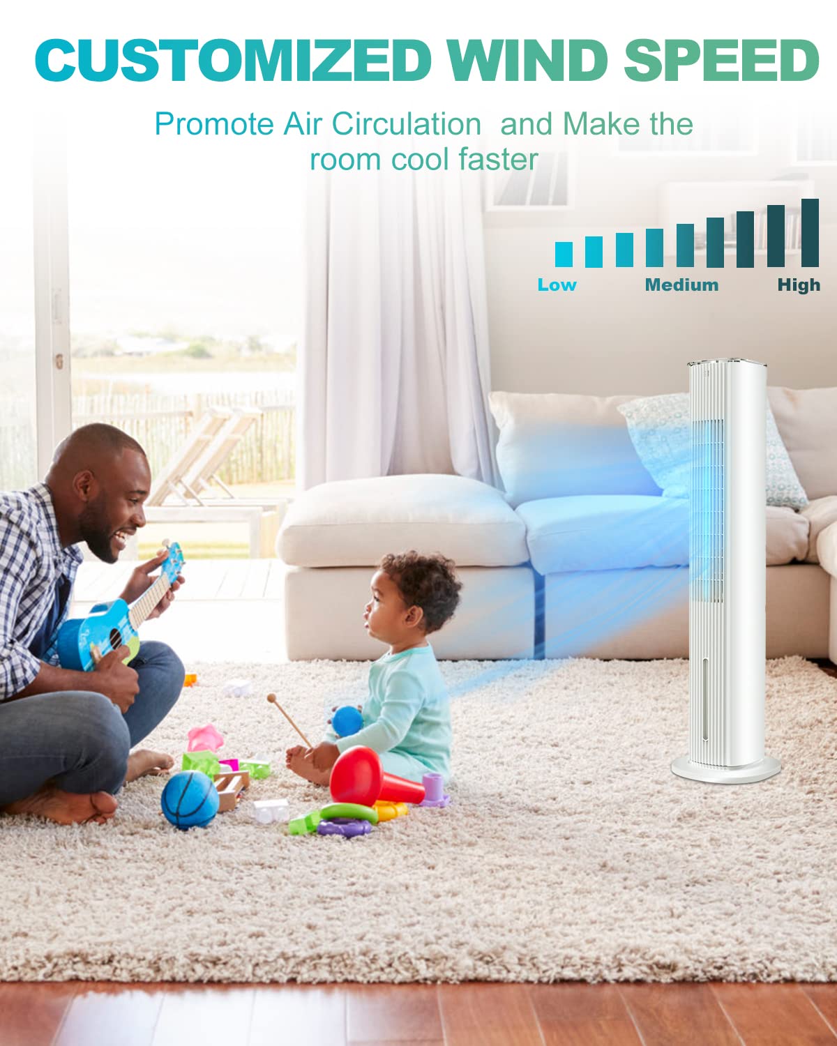 Evaporative Air Cooler Portable Cooling Fan, Cool with 3 Speeds, 12H Timer Evaporative Cooler, Bladeless Fan Ice Boxes Contained, Remote Control Tower Fan for Large Room Office