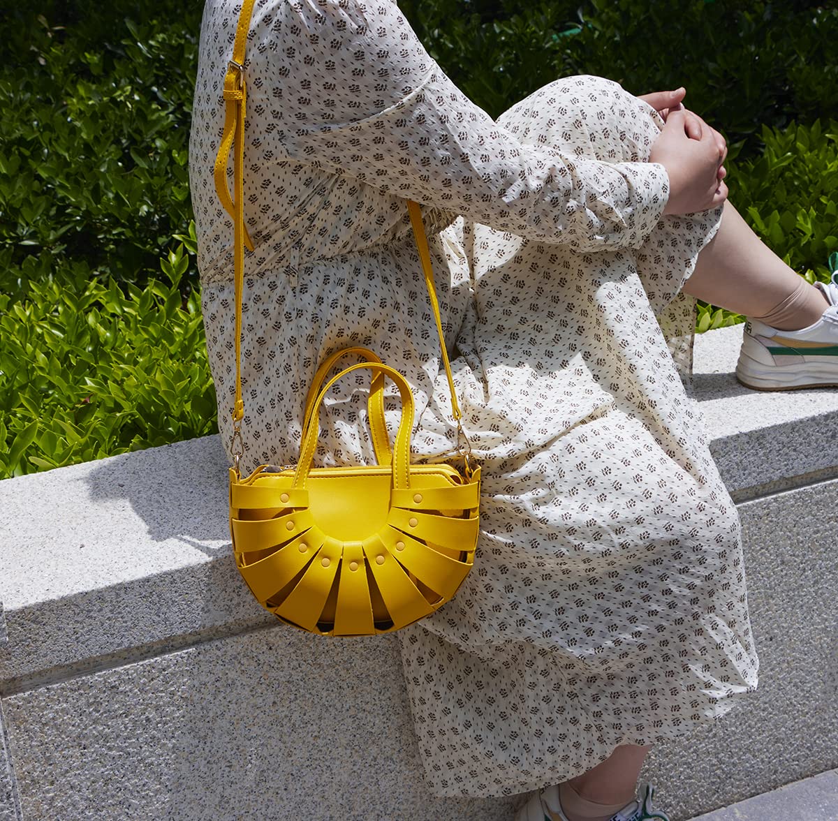 ADYAQRI Hollow semi-circular women's shoulder bag, summer soft leather woven crossbody bag, Stitching portable ladies handbag