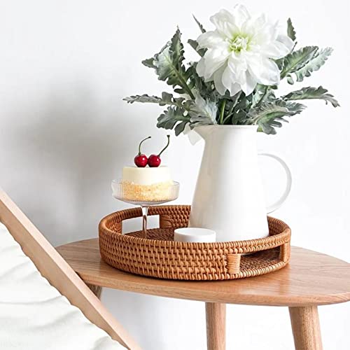 Decorative Coffee Table Tray | Farmhouse Boho Decor | Round Rattan Tray Basket | Wicker Serving Tray with Handles | Drink, Tray for Ottoman | Circle Round Tray | Fall Decor