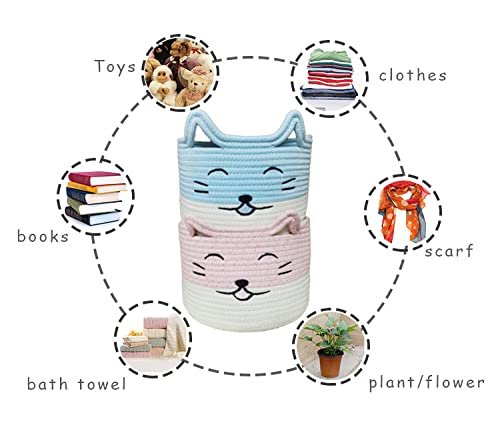Small Woven Cotton Rope Storage Basket,2 Pack Cute Cat Cotton Rope Baskets with Handle,Baby Nursery Organizer for Toy Storage Bin | Pet Gift Basket for Cat,Dog,10 x 10 x 7 Inch