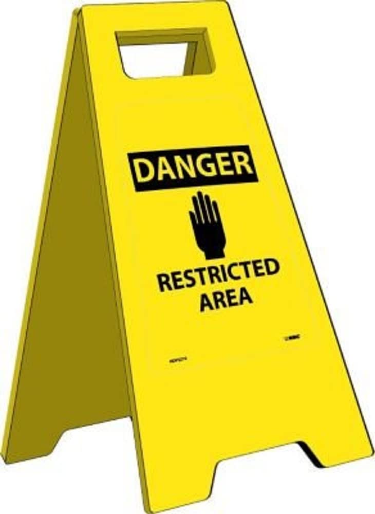 NMC HDFS210 Heavy Duty Floor Stand Sign, Legend "DANGER - RESTRICTED AREA", 10-3/4" Length x 24-5/8" Height, Black on Yellow