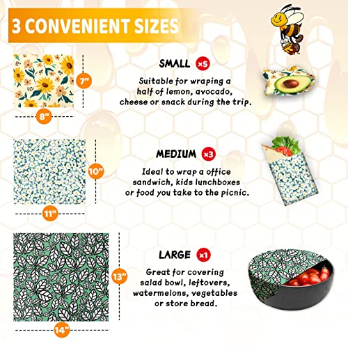 Beeswax Wrap, 9 Pack Eco-Friendly Beeswax Wraps for Food Storage, Organic, Sustainable, Beeswax Food Wraps, Zero Waste Reusable Food Wrap Beeswax Paper 1L, 3M, 5S Plants Pattern Sandwich Wrappers