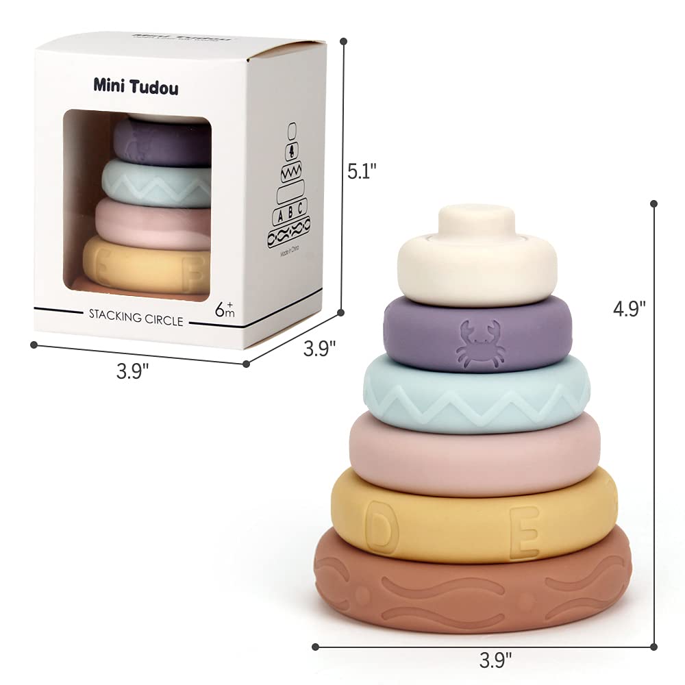 Mini Tudou 6 PCS Baby Girl Toy Stacking & Nesting Toys, Soft Stacking Blocks Ring Stacker, Baby Sensory Teethers Toys w/Letter, Animal and Shape, Early Learning Toys for Babies Toddlers Kids 6 Months