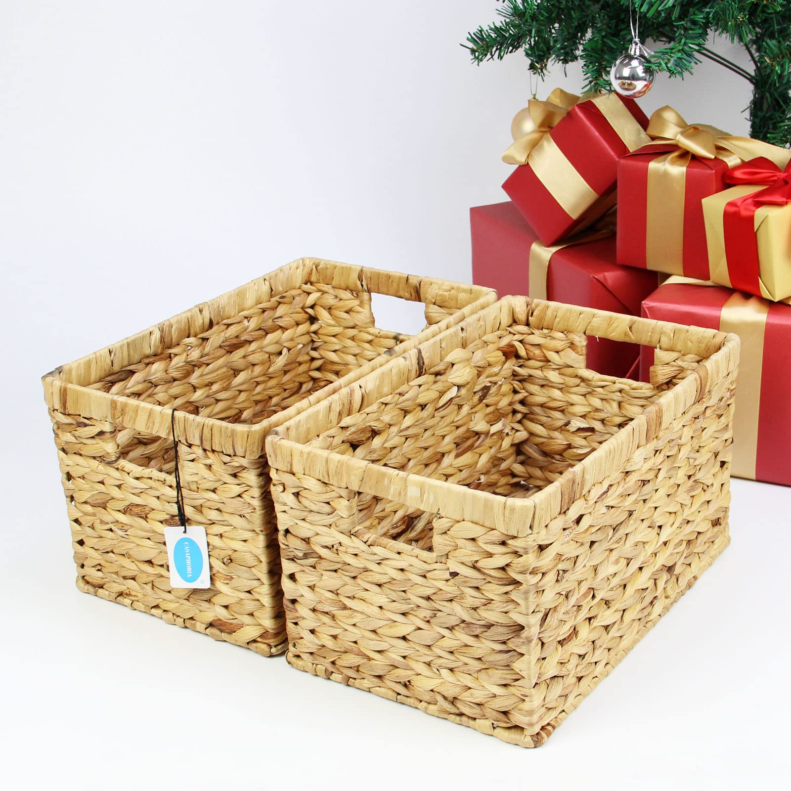 Casaphoria large Square Irregular Hyacinth Storage Baskets Natural Hand Woven Water Hyacinth Basket Durable Trapezoid Sundries Baskets with Built-in Wooden Handles Funnel Basket,2-Pack