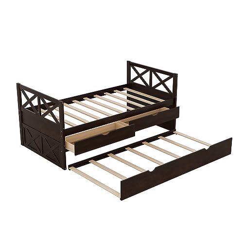 DEYOBED Twin Size Daybed with Storage Drawers and Trundle, Wood Twin Captains Bed Frame for Bedroom and Living Room, Espresso