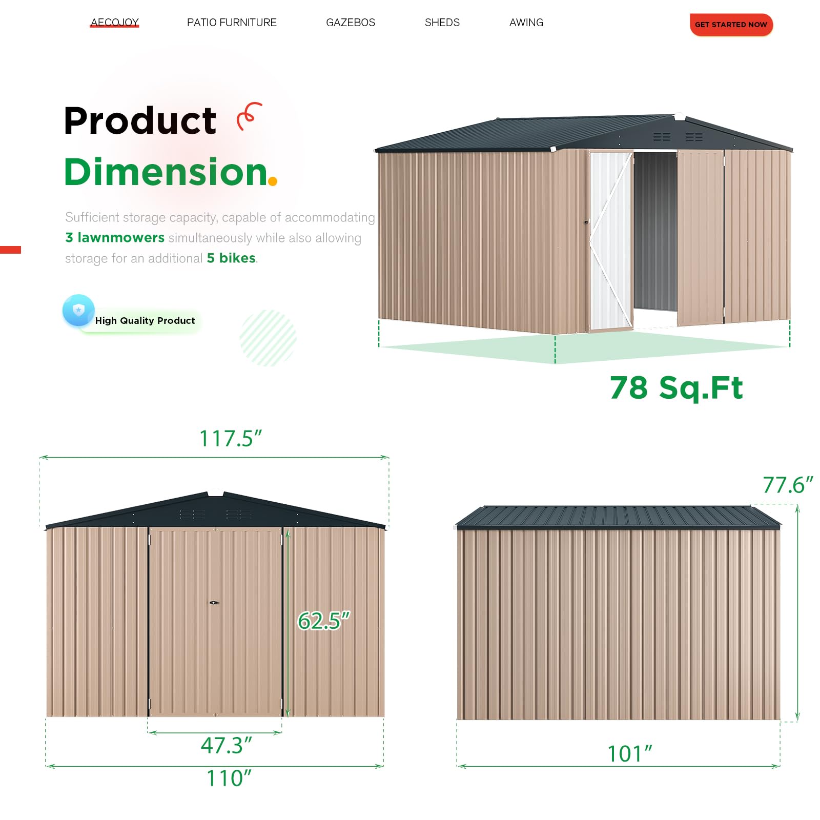 AECOJOY 9' x 10' Metal Storage Large Shed, Sheds & Outdoor Storage Clearance 9ft Sheds with Lockable Doors, Utility and Tool Storage Shed for Garden, Backyard, Patio, Outside use in Grey
