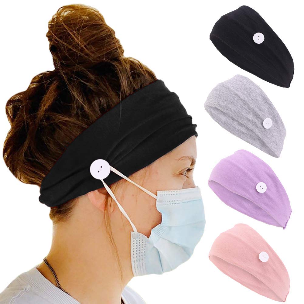 Amandir 4 Pack Headband with Buttons for Women Ear Protection Holder Elastic Headbands for Nurse Womens Workout Button Head Wrap Spa Yoga Headbands