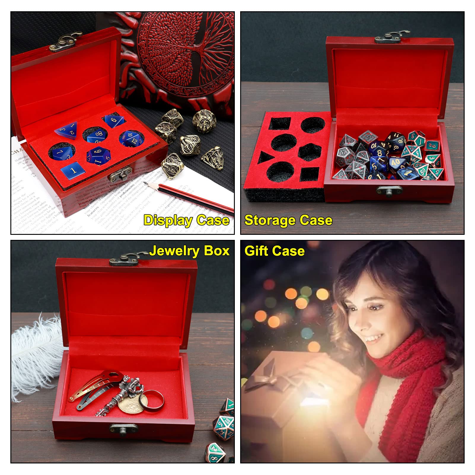 Haxtec Mystery DND Dice Set with Wood Dice Case Dual-Purpose Wooden Dice Box with Foam Insert DND Gifts D&D RPG Dice Set with Box